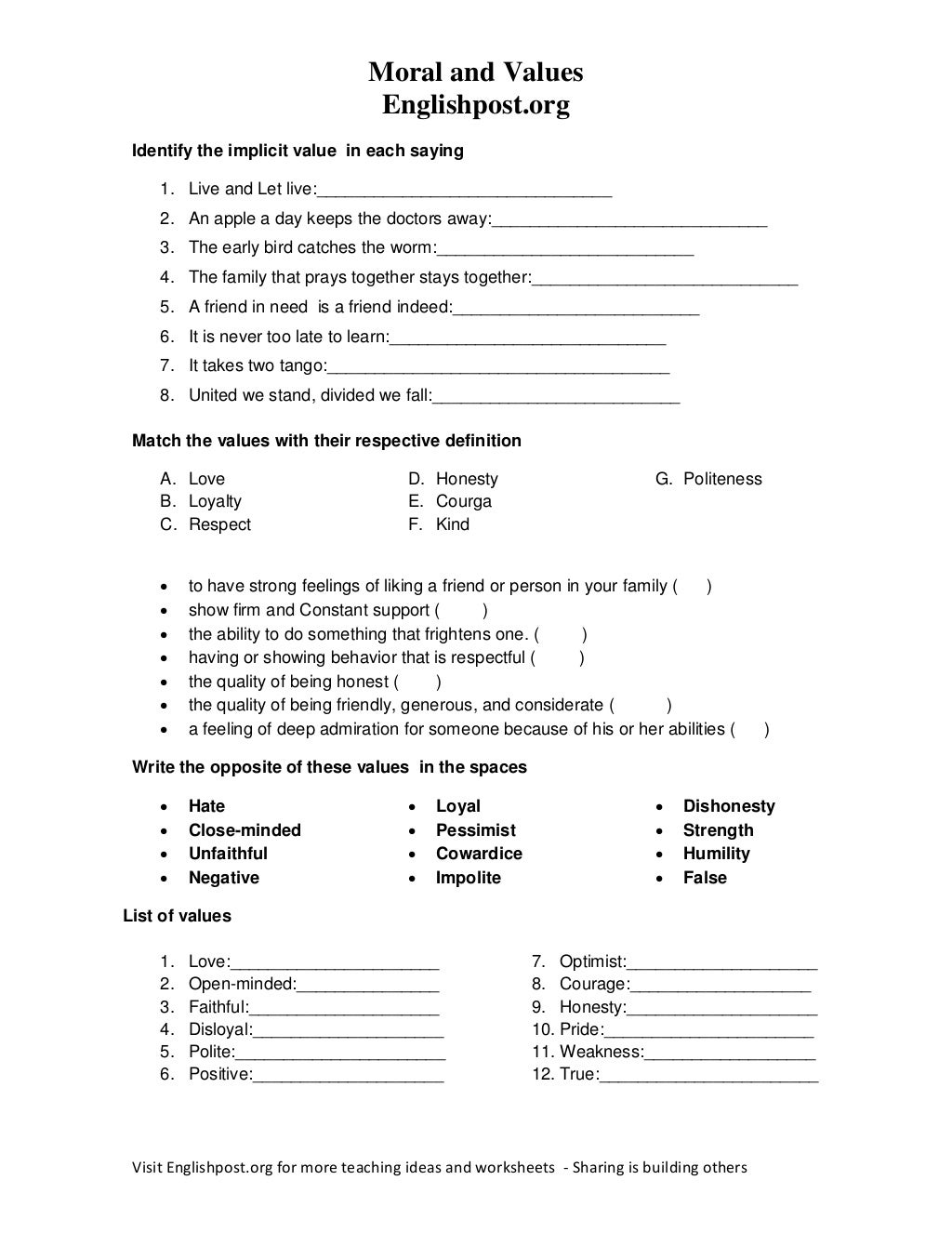 Moral And Values Worksheet Englishpost Moral And Values Worksheet Englishpost