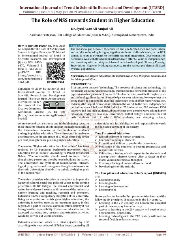 The Role of NSS towards Student in Higher Education | PDF | Business ...