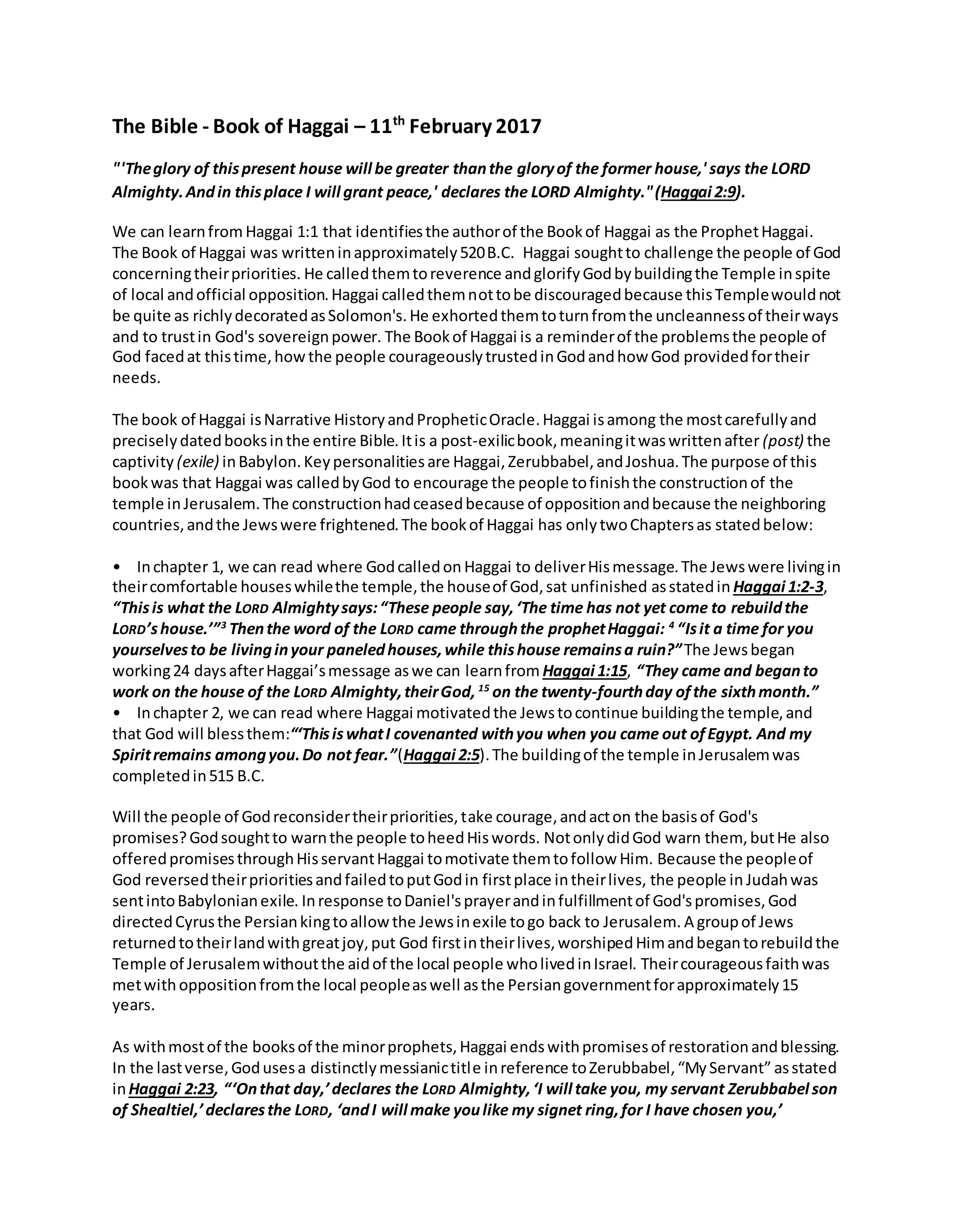 11th February 2017 - The bible - Book of Haggai | DOCX