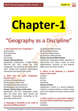 11th Geography MCQ Based on NCERT, Chapter 1, Geography as a Discipline ...