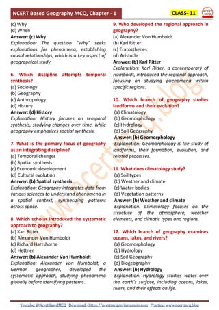 11th Geography MCQ Based on NCERT, Chapter 1, Geography as a Discipline ...