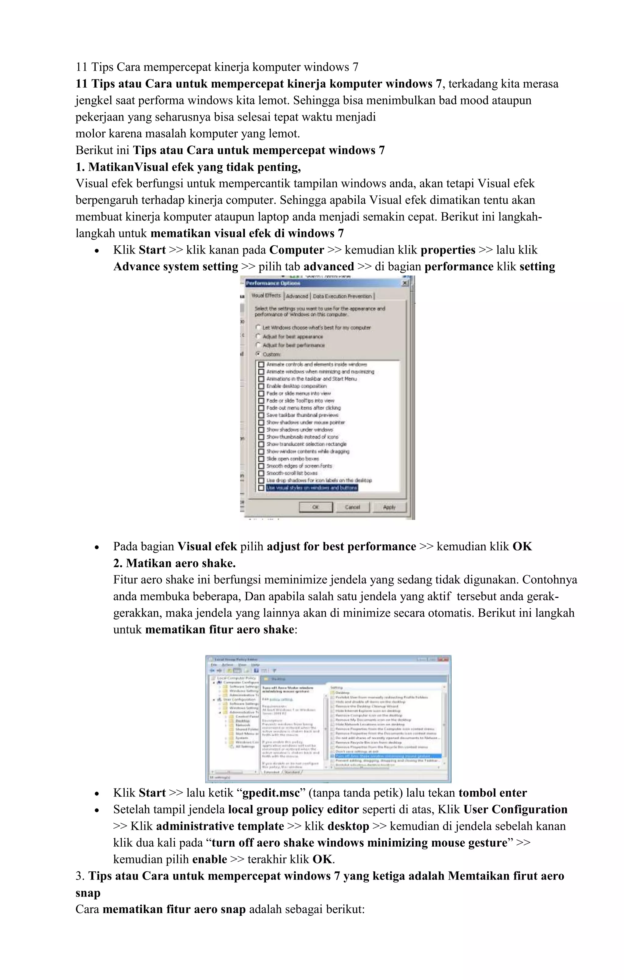11 tips cara mempercepat kinerja komputer windows 7 | DOCX