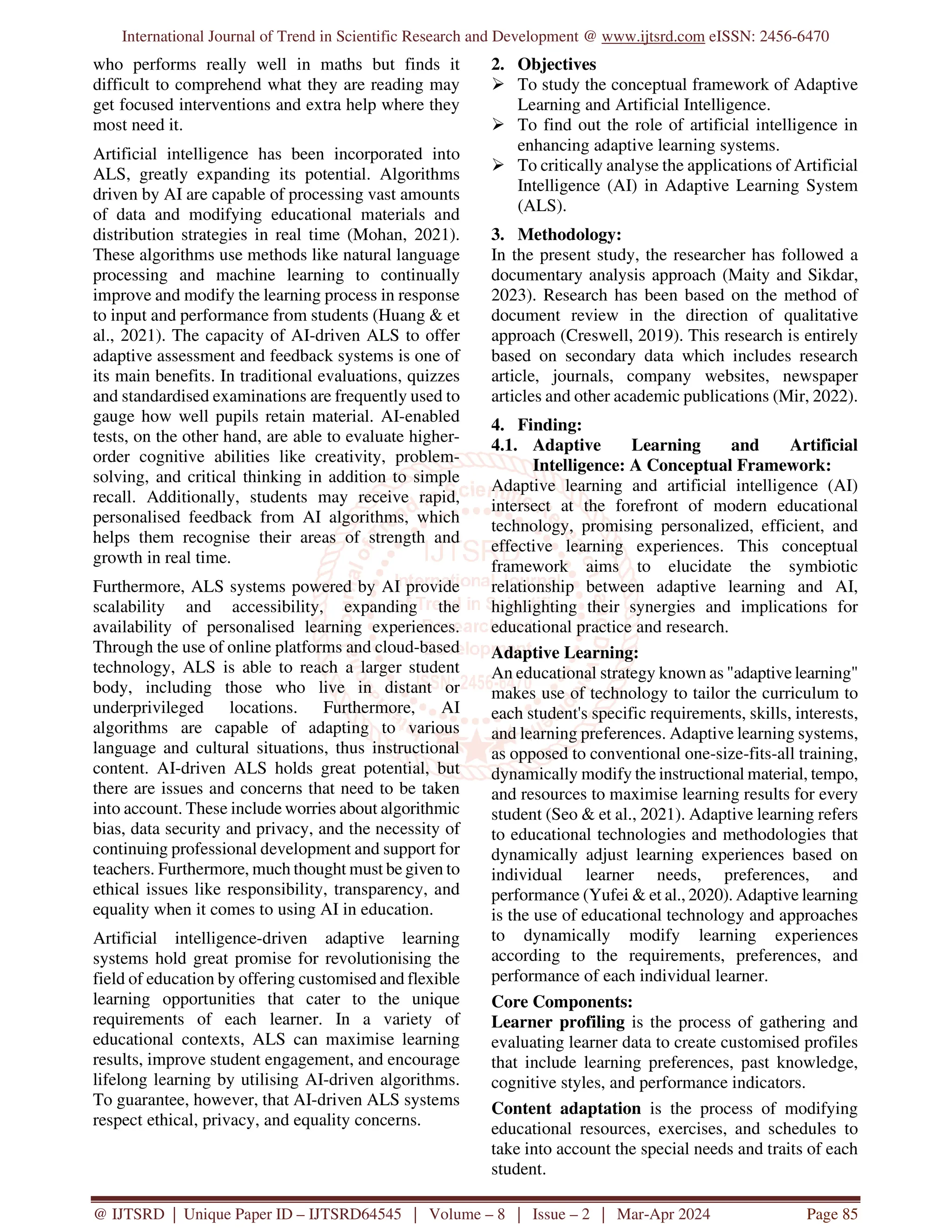 Understanding the Role of Artificial Intelligence in Adaptive Learning Systems | PDF