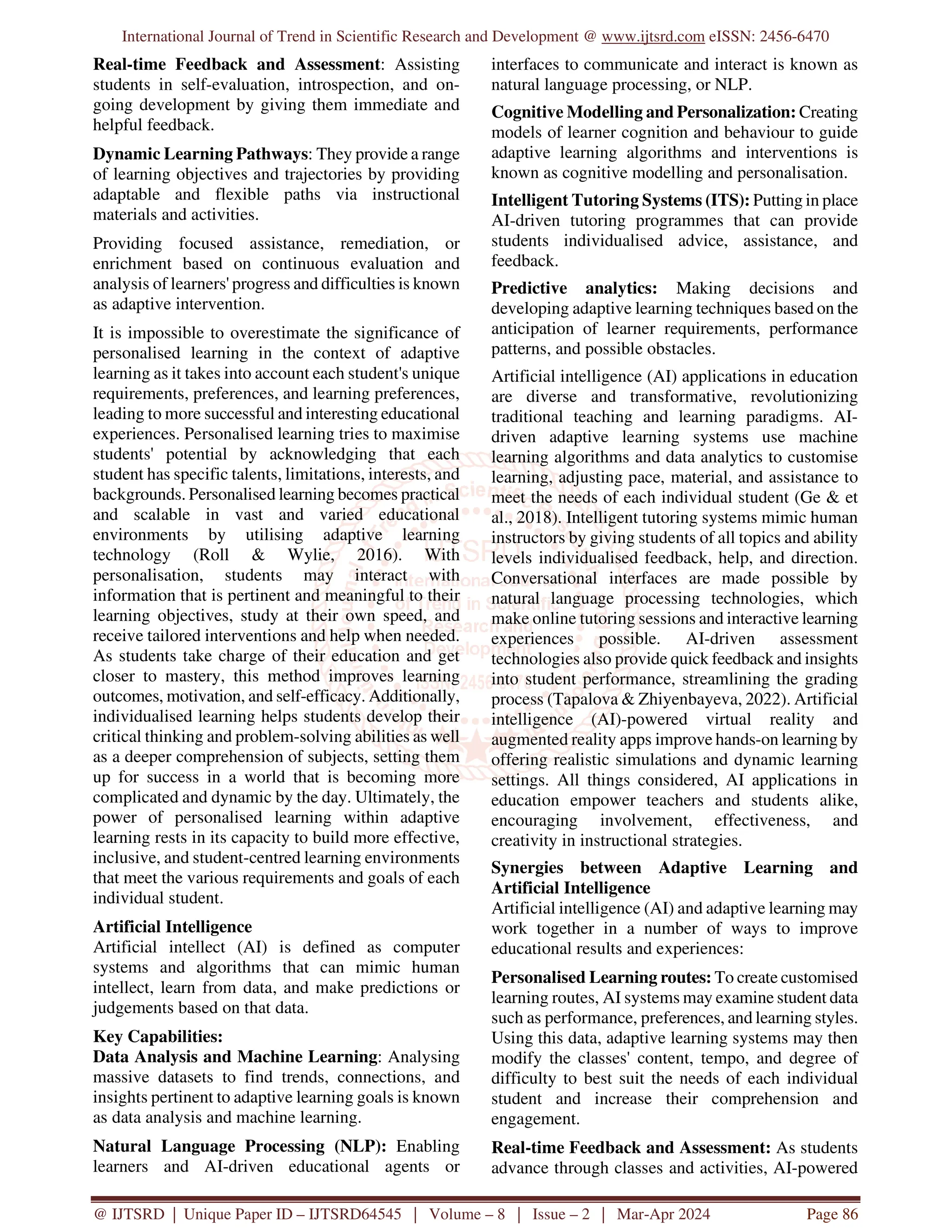 Understanding the Role of Artificial Intelligence in Adaptive Learning Systems | PDF