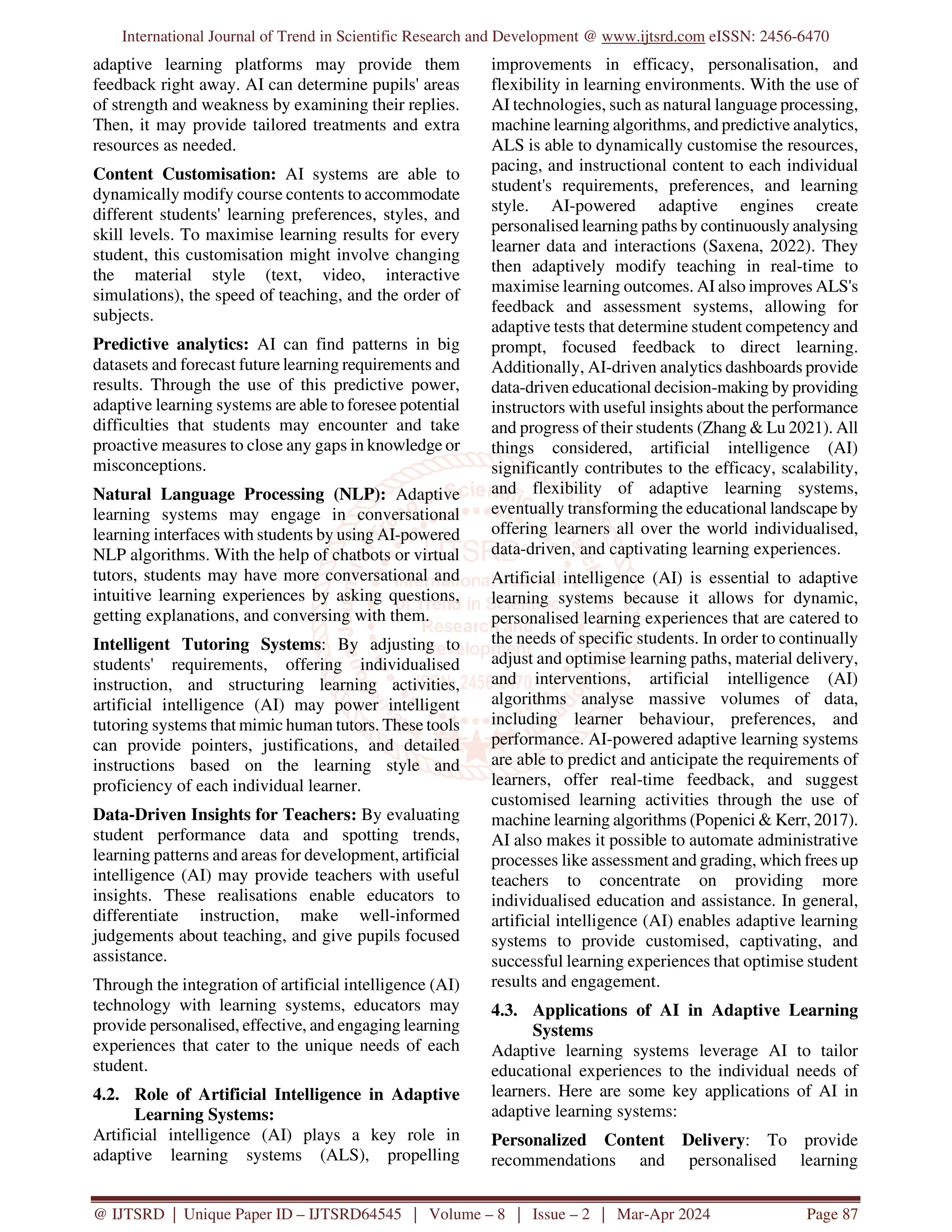 Understanding the Role of Artificial Intelligence in Adaptive Learning Systems | PDF