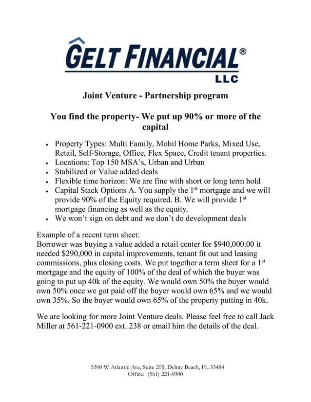 Gelt Financial Real Estate Joint Venture and partnership program | PDF