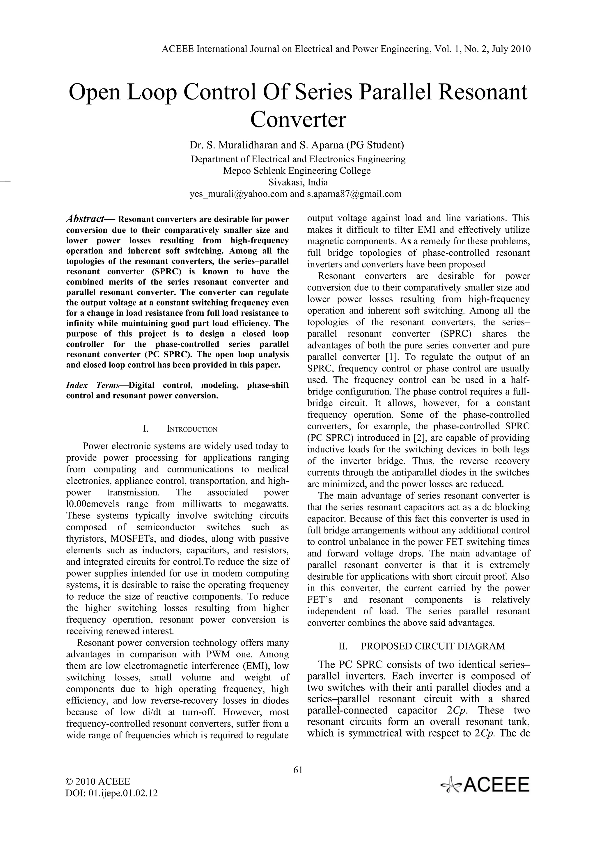 Open Loop Control Of Series Parallel Resonant Converter | PDF