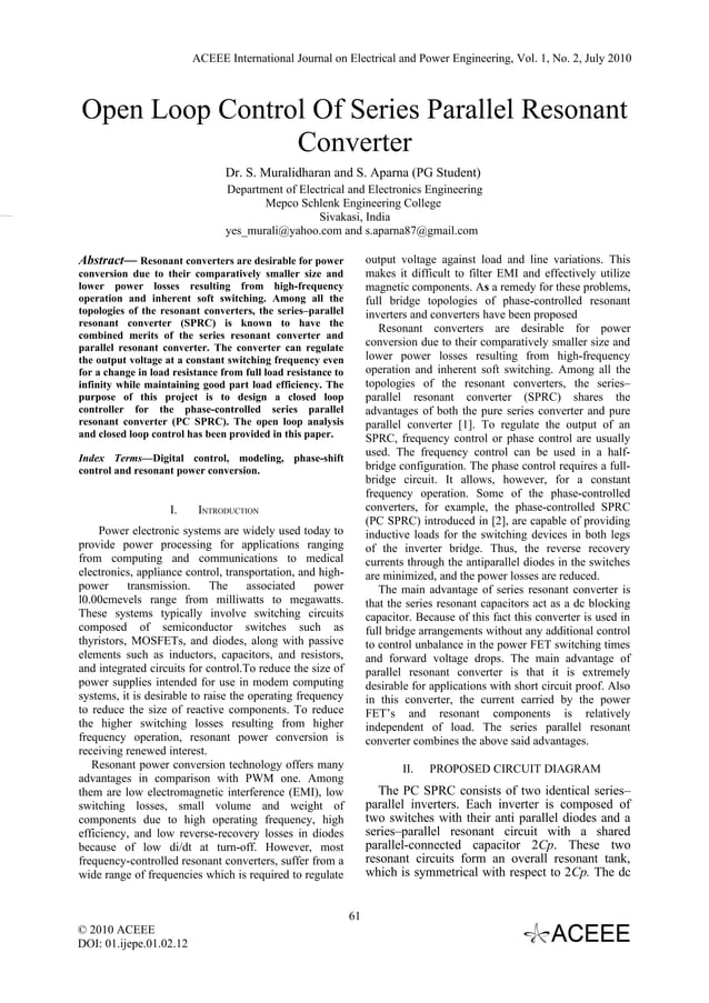 Open Loop Control Of Series Parallel Resonant Converter | PDF