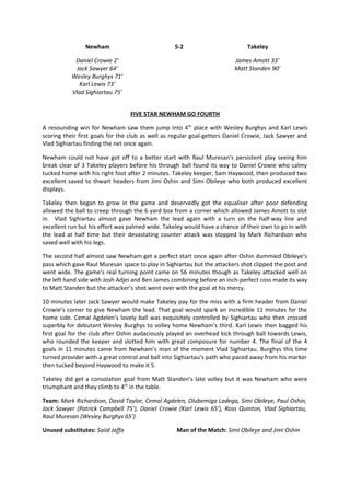 Newham 5-2 Takeley - Essex Senior League - Saturday 17th January | PDF