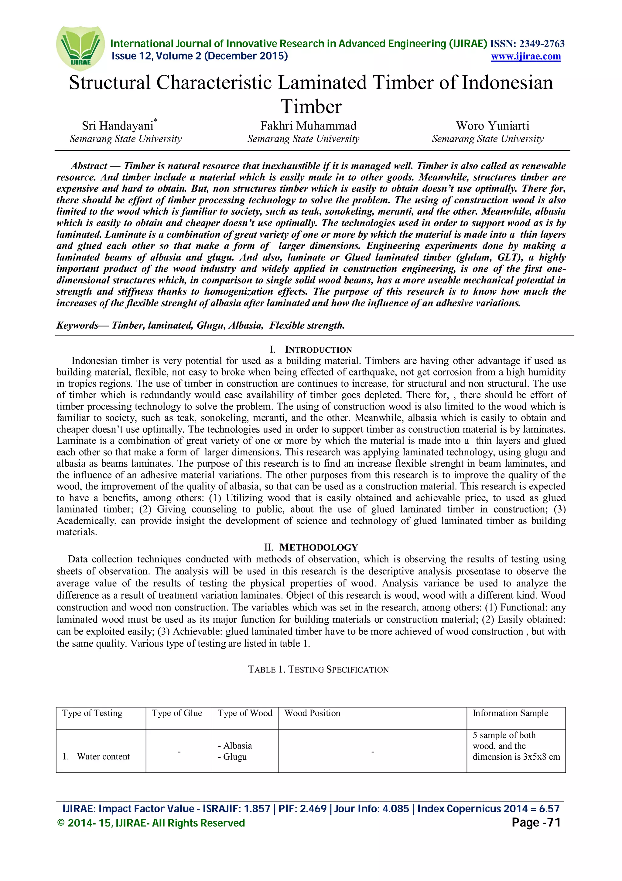 Structural Characteristic Laminated Timber of Indonesian Timber | PDF