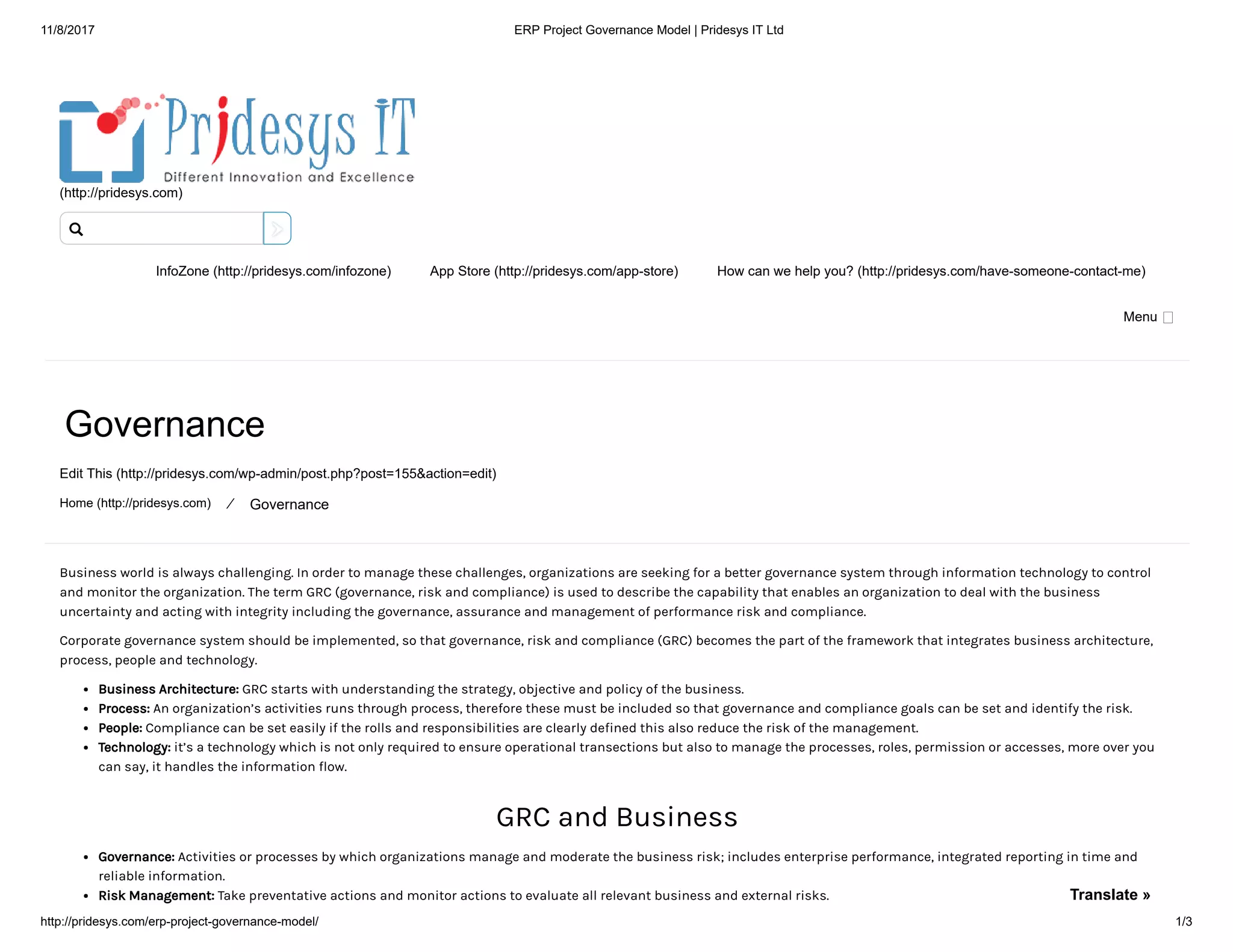 ERP Project Governance Model | Pridesys IT Ltd | PPT