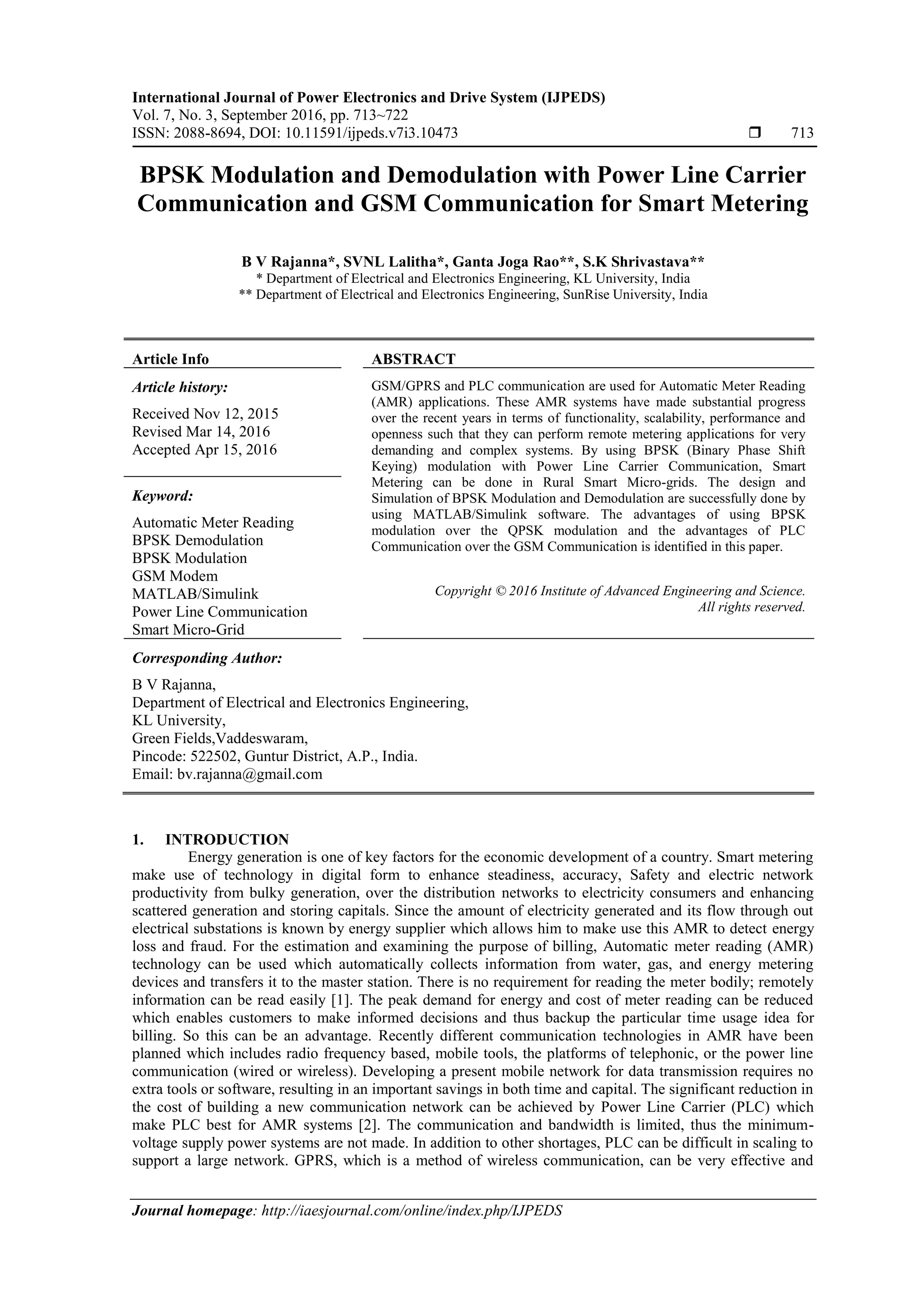 BPSK Modulation and Demodulation with Power Line Carrier Communication and GSM Communication for ...