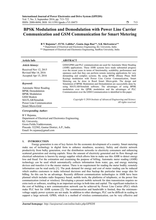 Bpsk Modulation And Demodulation With Power Line Carrier Communication And Gsm Communication For