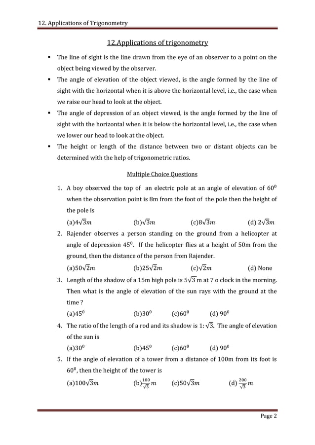 12.applications of trigonometry | PDF