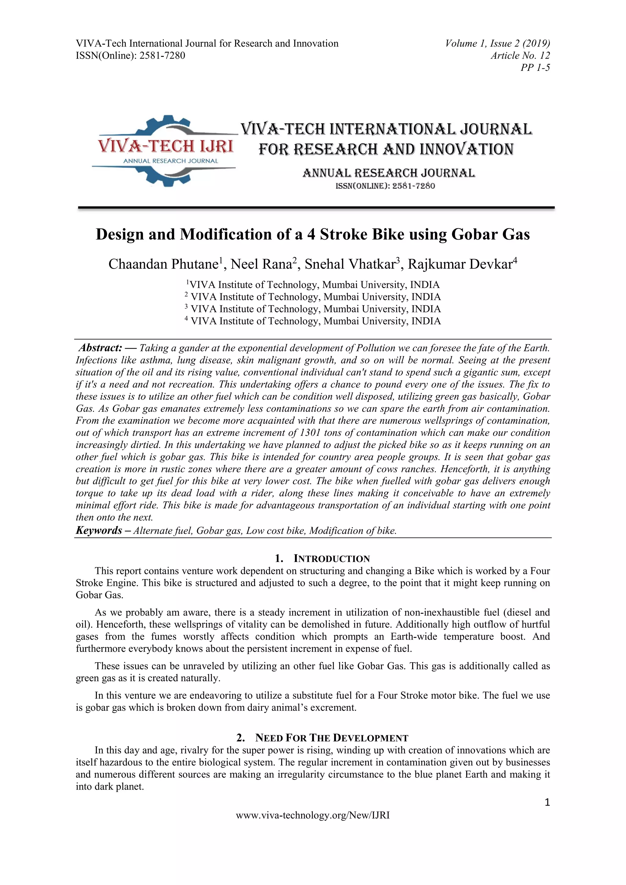 Design and Modification of a 4 Stroke Bike using Gobar Gas | PDF