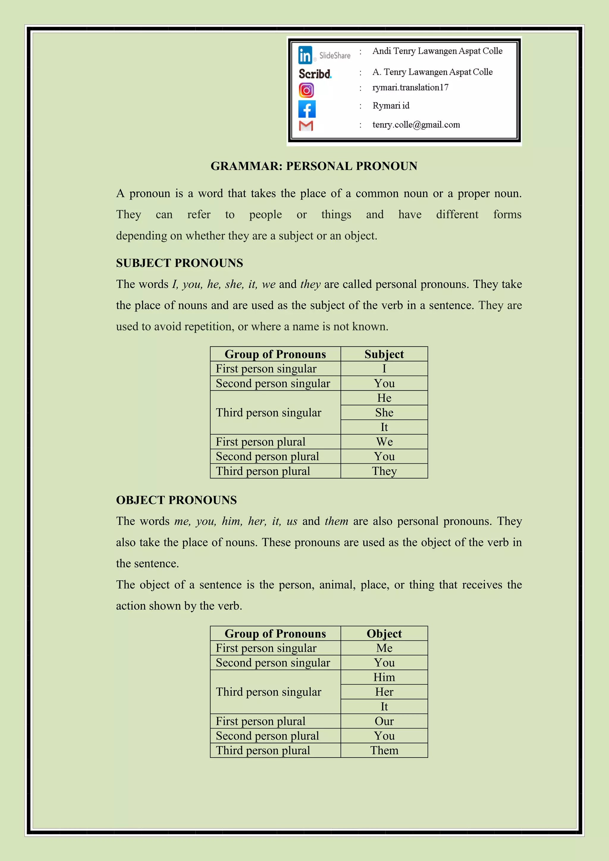 GRAMMAR: PRONOUN | PDF