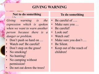 LANGUAGE FUNCTION : GIVING ORDERS, ADVISING AND WARNING | PPT