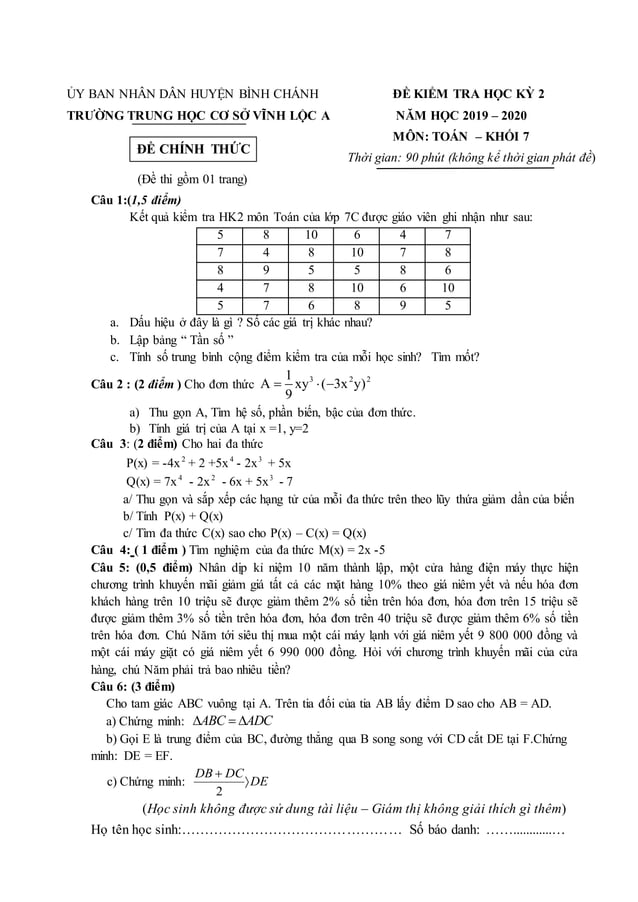 Đề Thi HK2 Toán 7 - THCS Vĩnh Lộc A | PDF
