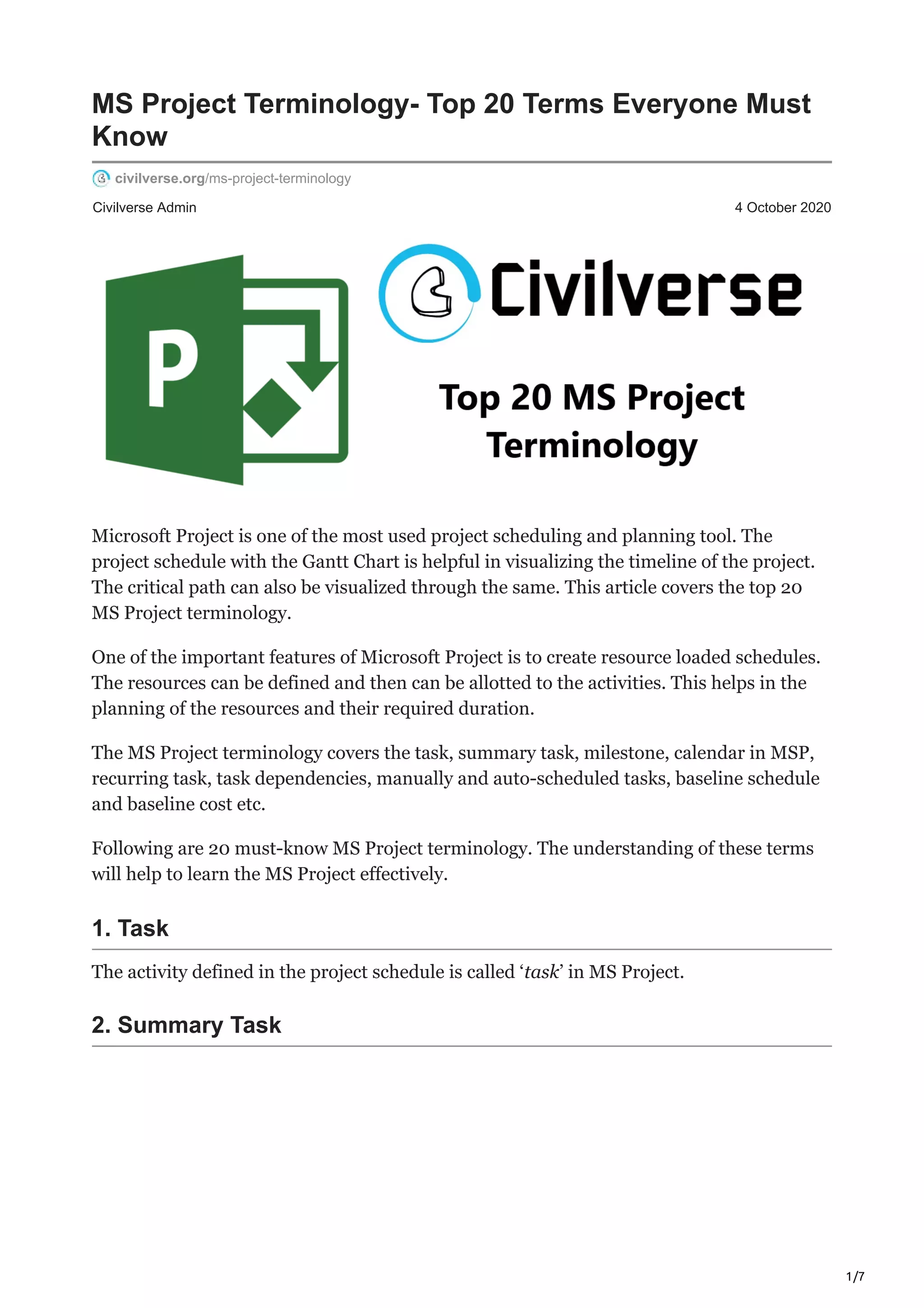 MS Project Terminology -Top 20 terms everyone must know | PDF
