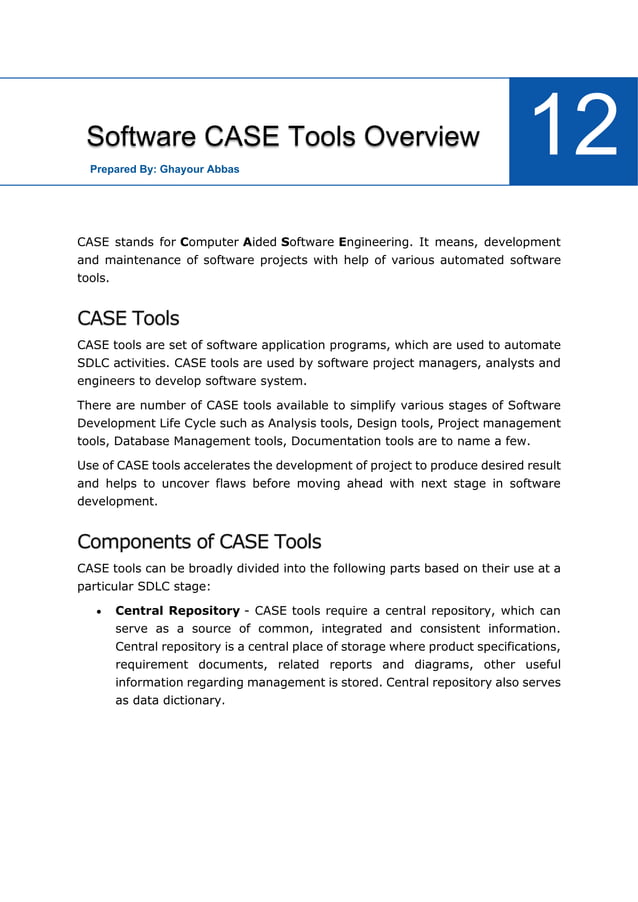 SWE-401 - 12. Software CASE Tools Overview | PDF