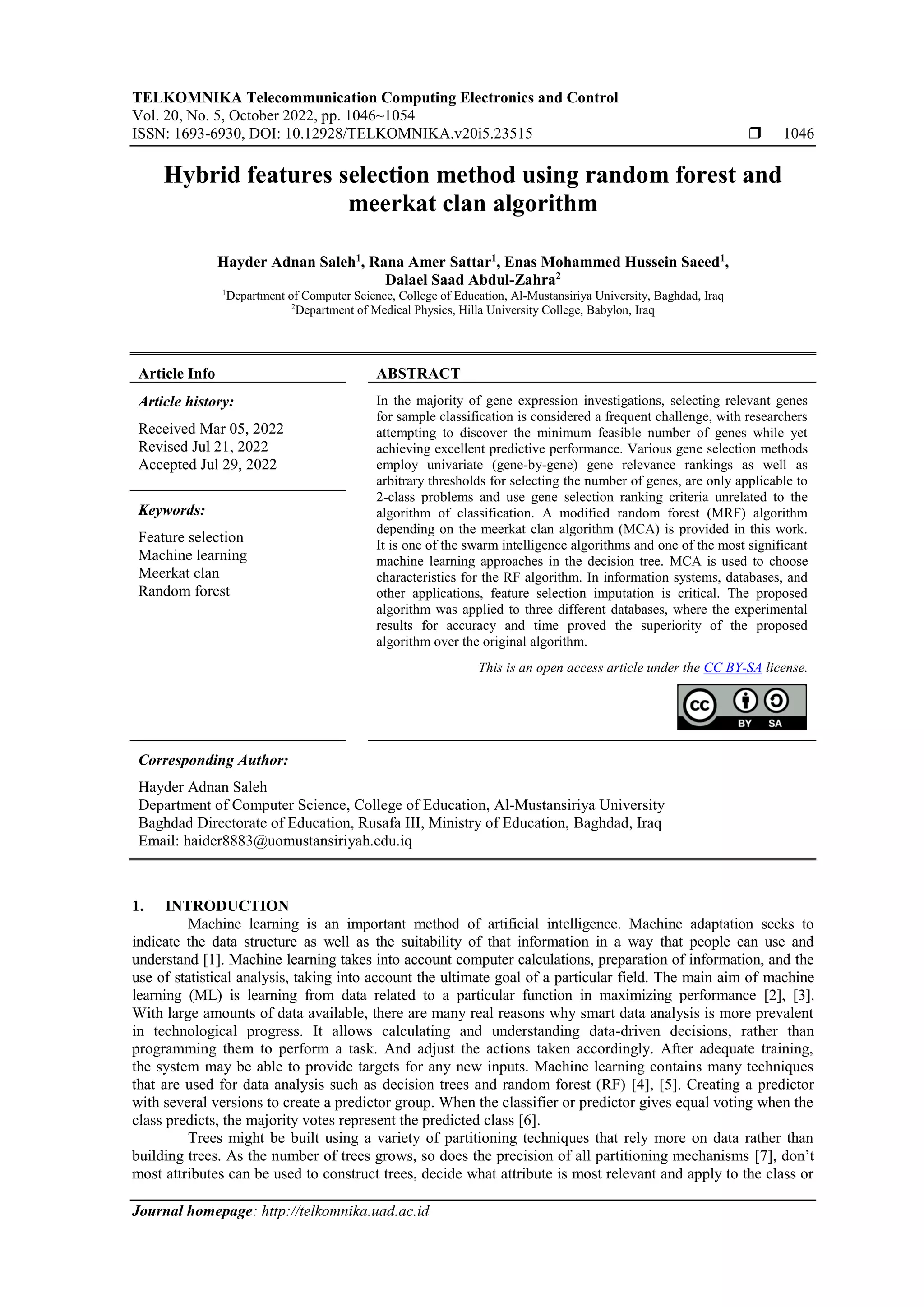 Hybrid Features Selection Method Using Random Forest And Meerkat Clan Algorithm Pdf