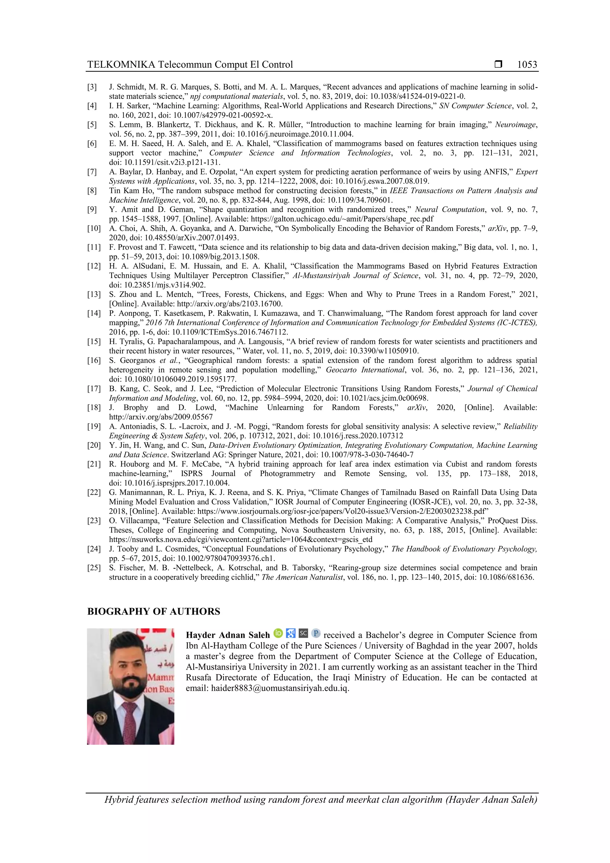 Hybrid features selection method using random forest and meerkat clan algorithm | PDF