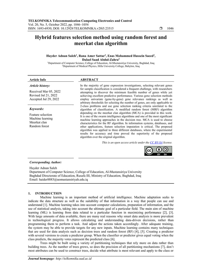Hybrid Features Selection Method Using Random Forest And Meerkat Clan Algorithm Pdf