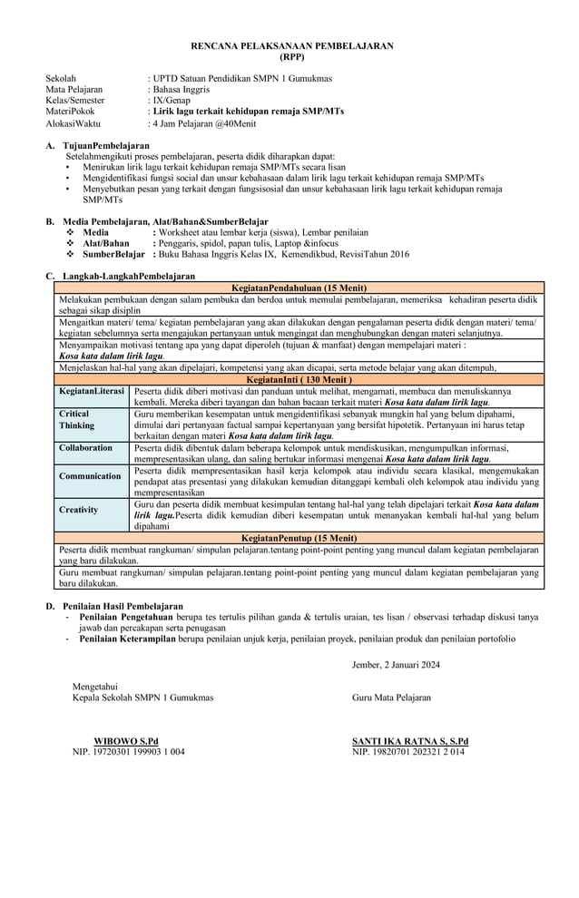 rpp mengenal lyric lagu bhs inggris kls 9 k13 | PDF
