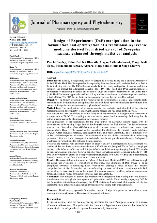Design of Experiments (DoE) manipulation in the formulation and optimization of a traditional ...