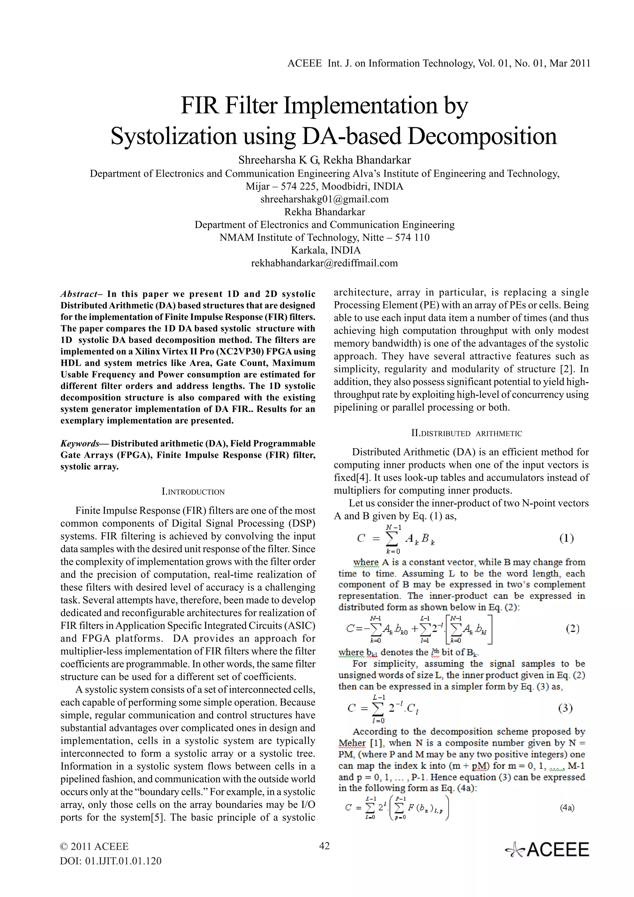 FIR Filter Implementation by Systolization using DA-based Decomposition | PDF | Computing ...
