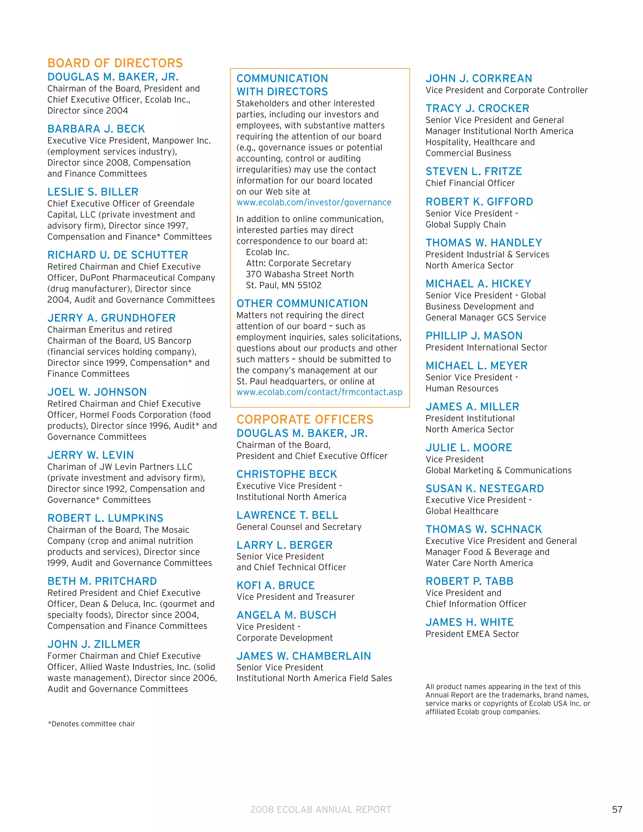 ecolab BoardDirectorsCorporateOfficiers | PDF