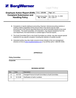 borg warner employee_action_report_policy | PDF