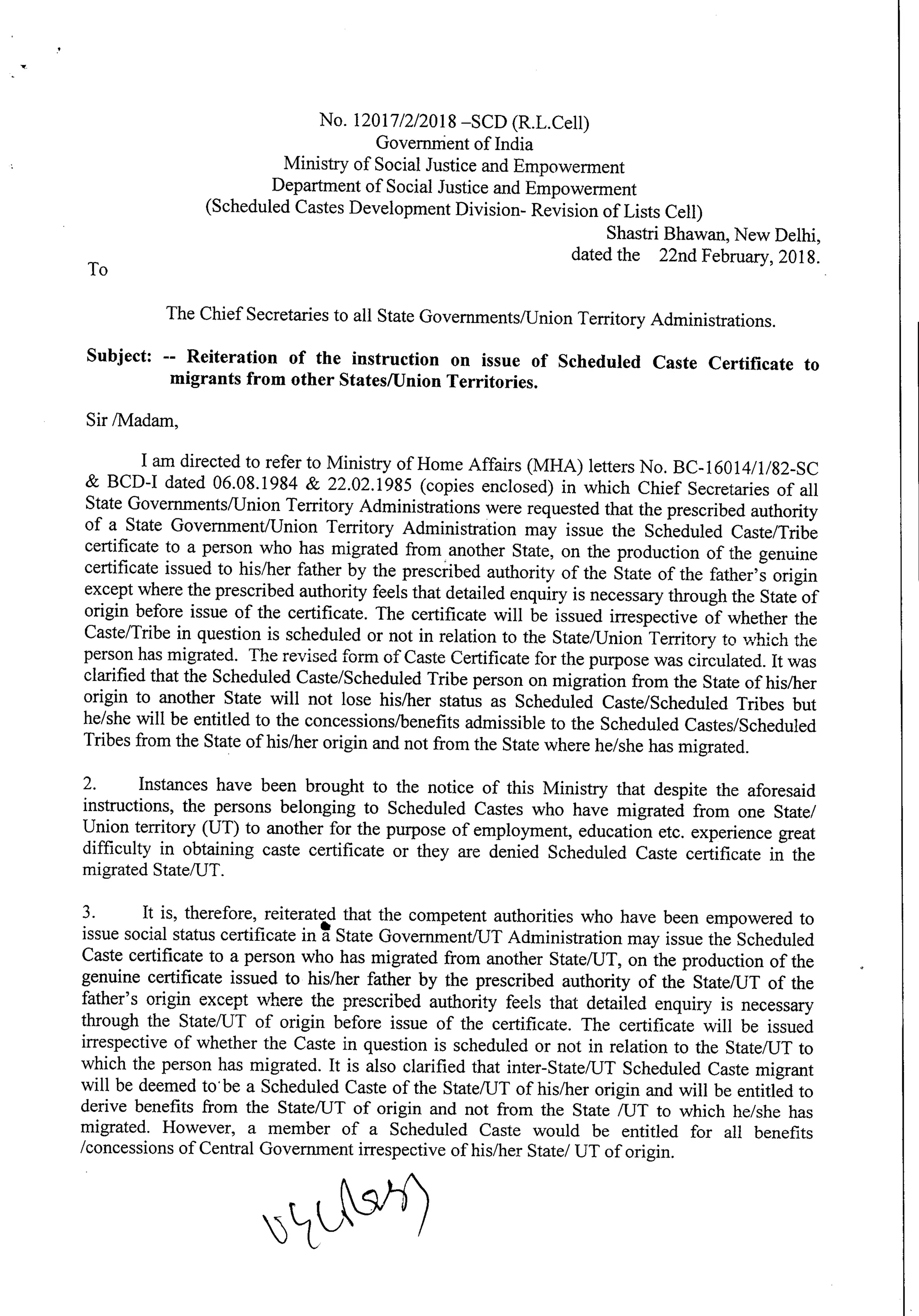 Scheduled Caste Certificate to migrants from other States Union ...