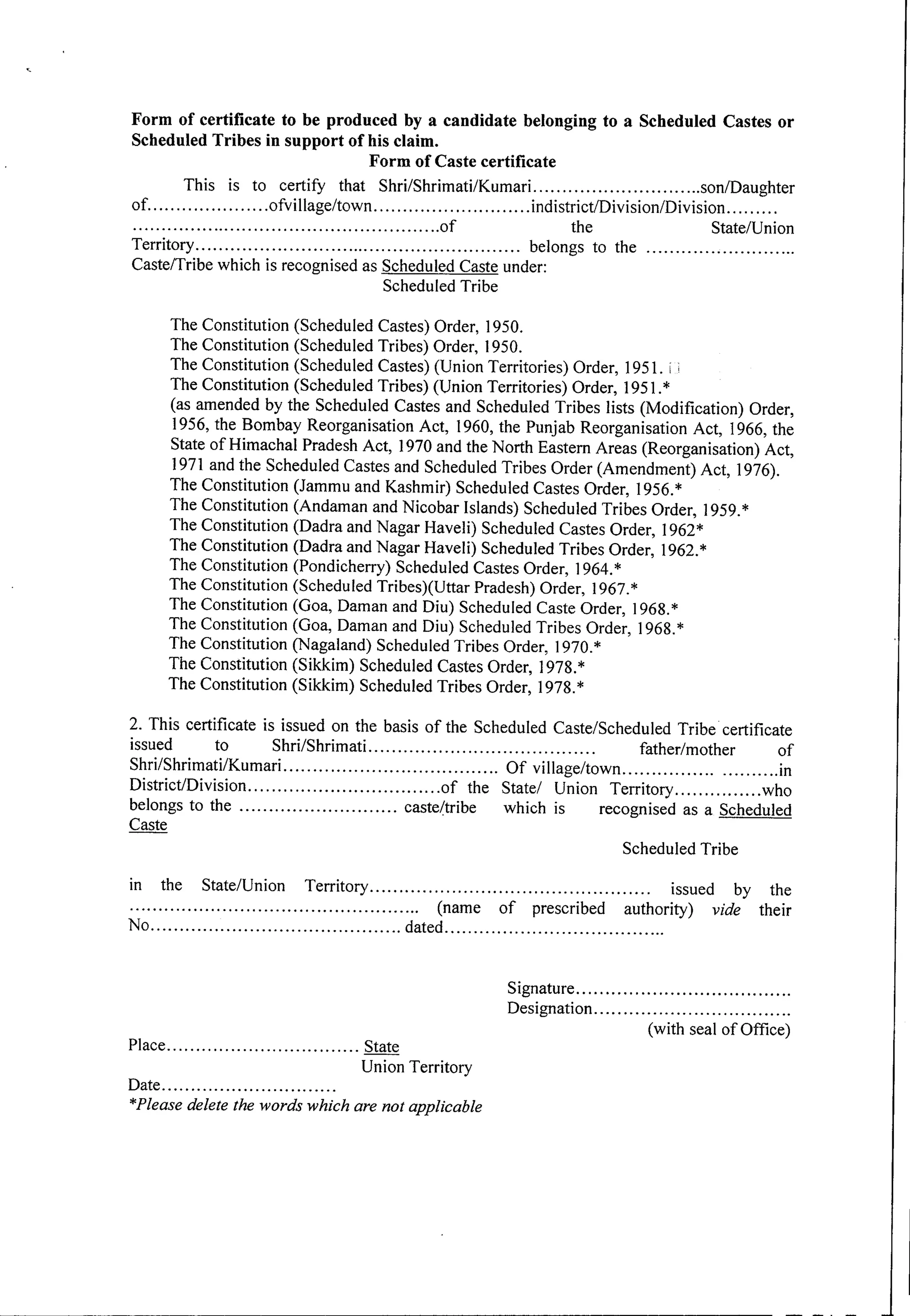 Scheduled Caste Certificate to migrants from other States Union ...