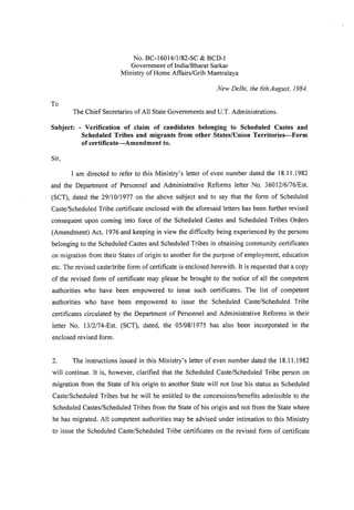 Scheduled Caste Certificate to migrants from other States Union ...