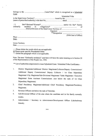 Scheduled Caste Certificate to migrants from other States Union ...