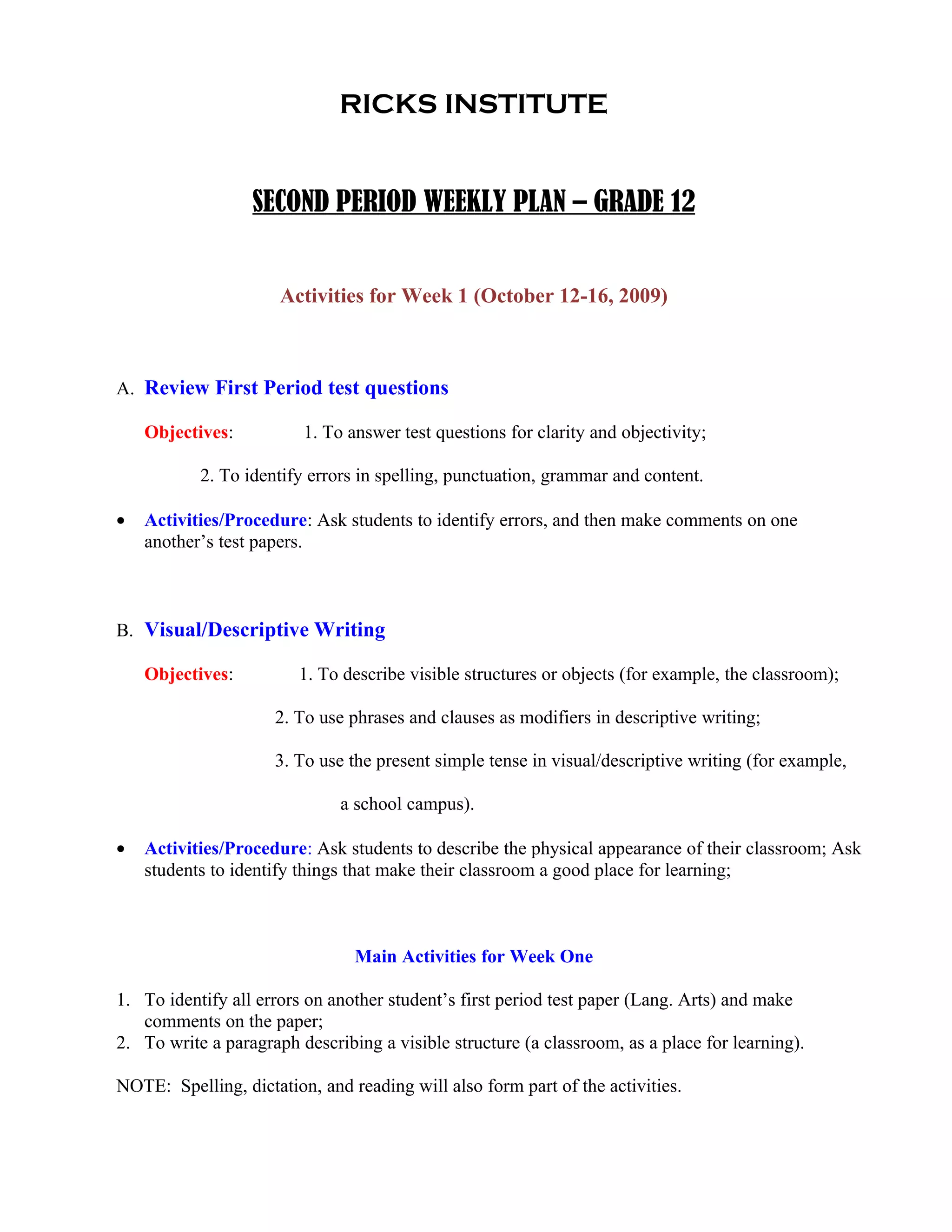 PONGA'S LESSON PLANS FOR GRADE 12, 2009x | DOC