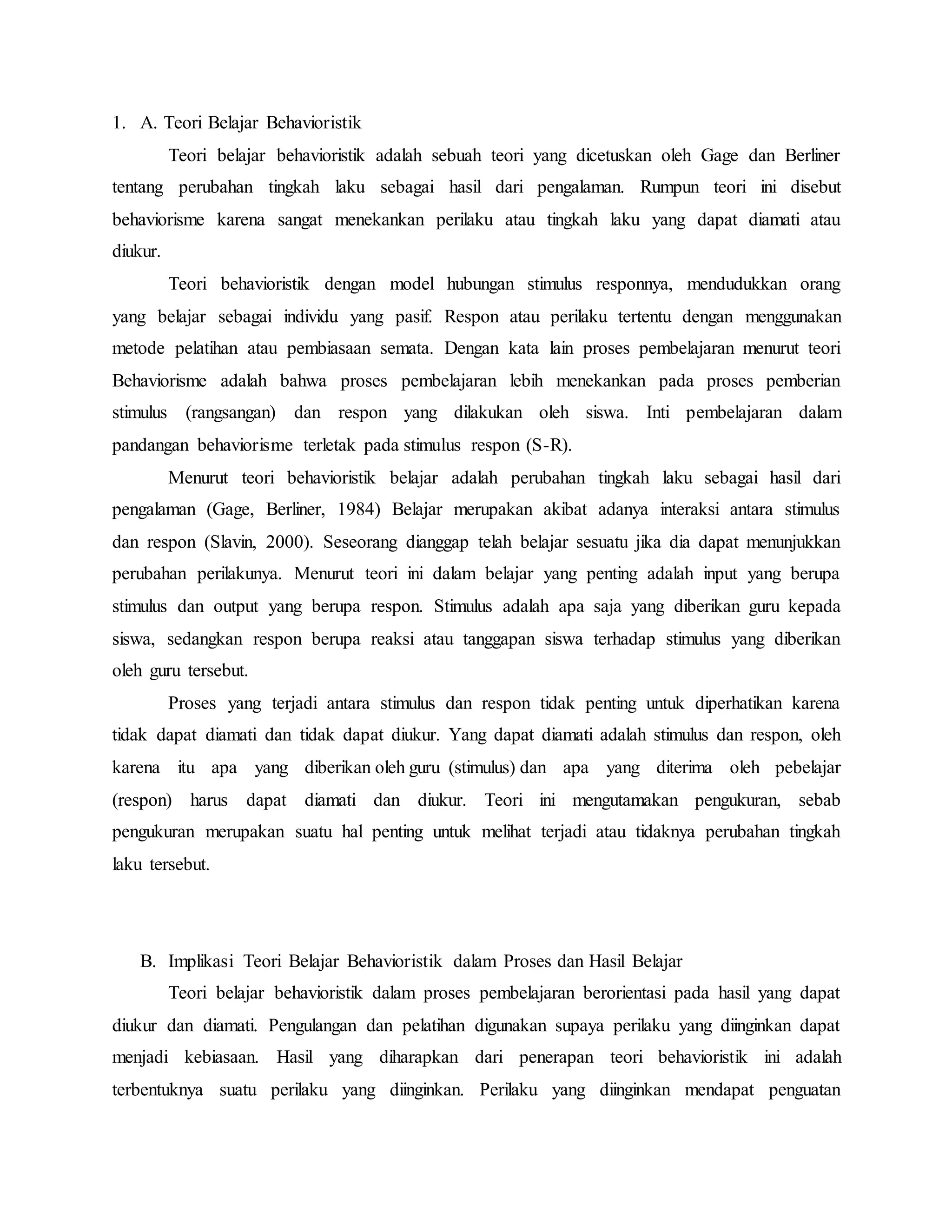 TEORI BELAJAR BEHAVIORISTIK, HUMANISTIK DAN KOGNITIF | DOCX