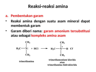 Memhami tata nama amina, sifat-sifatnya, pembuatannya, reaksi-reaksi ...