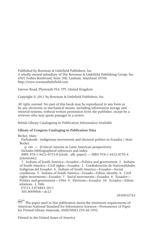 Pachakutik Indigenous Movements And Electoral Politics In Ecuador ...