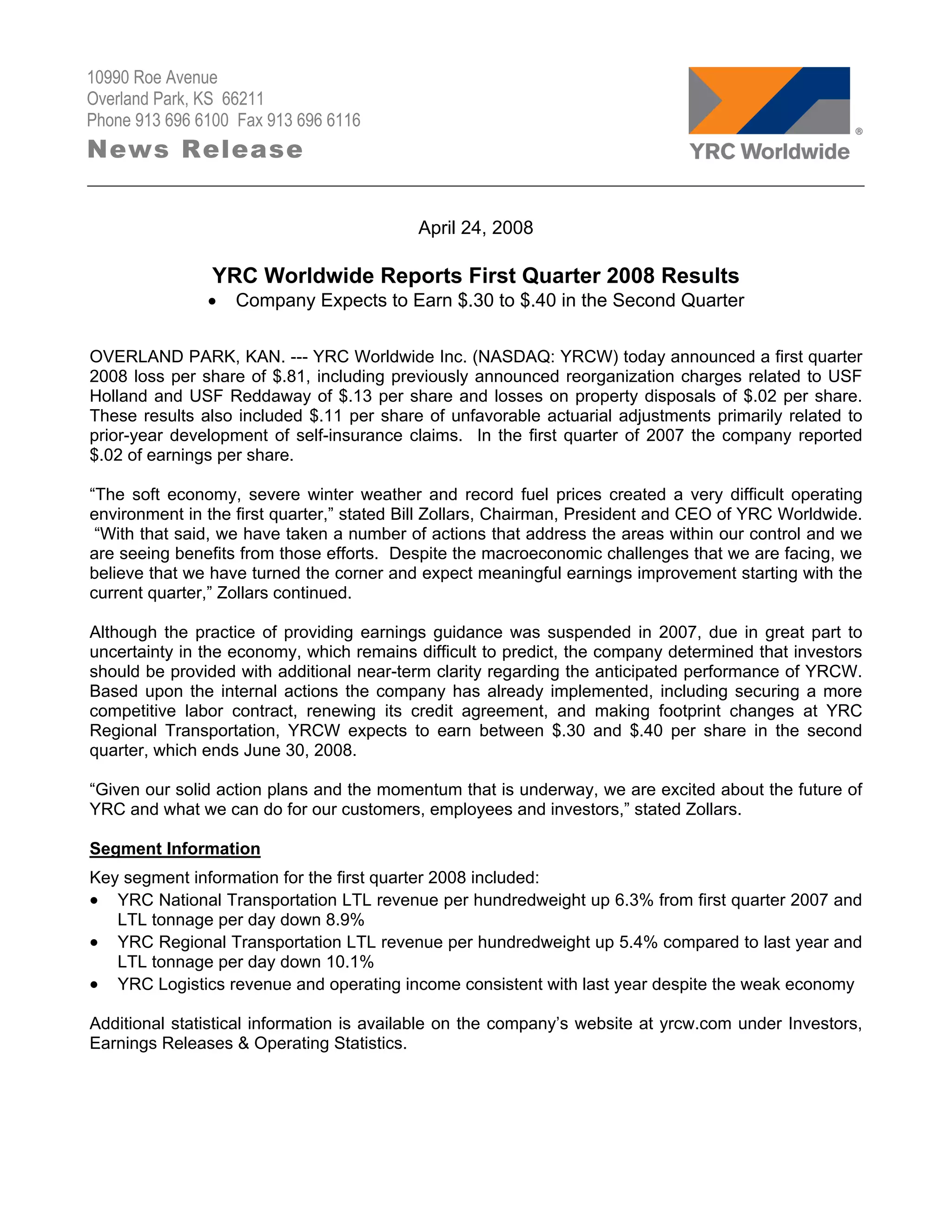 yrc worldwide1Q08_ER | PDF