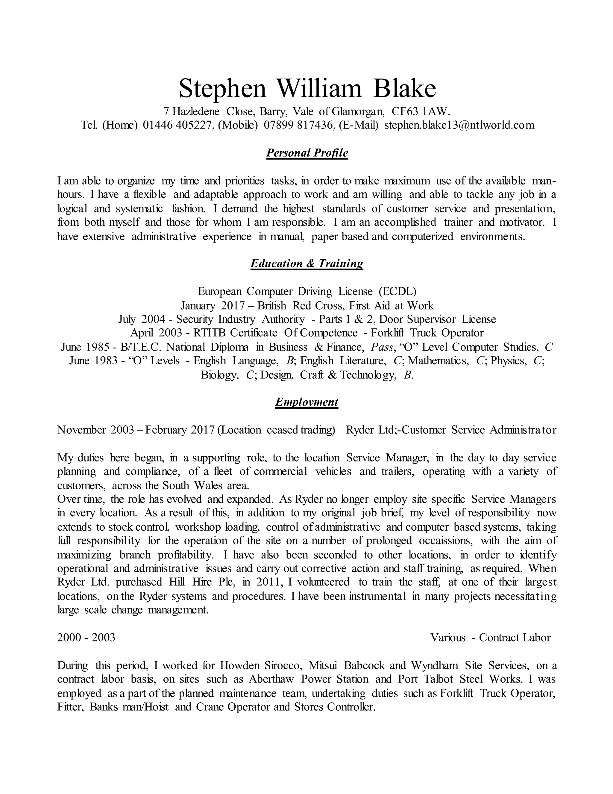 Stephen Blake CV | DOCX