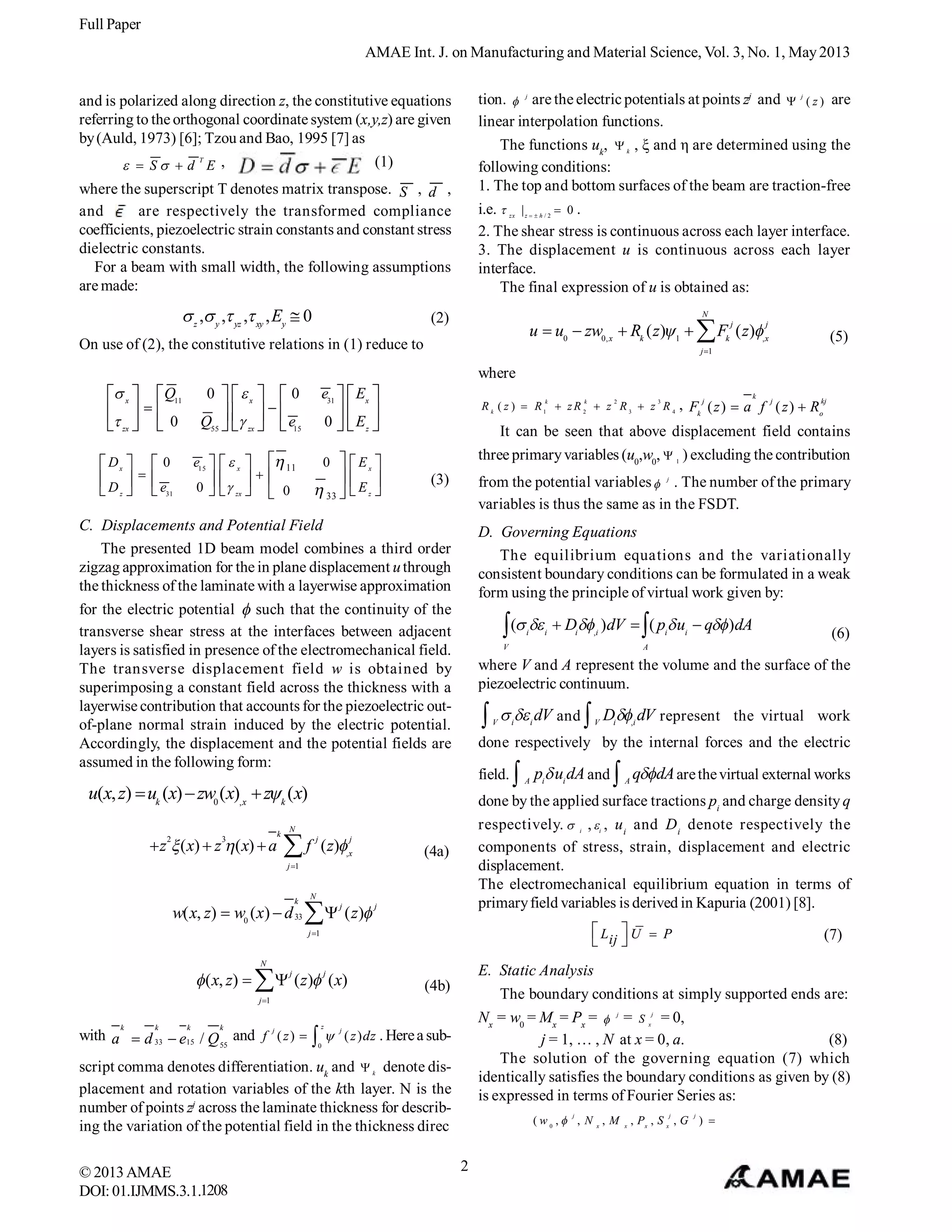 Effect of Piezoelectric Layer on Beam Parameters using Zigzag Theory | PDF