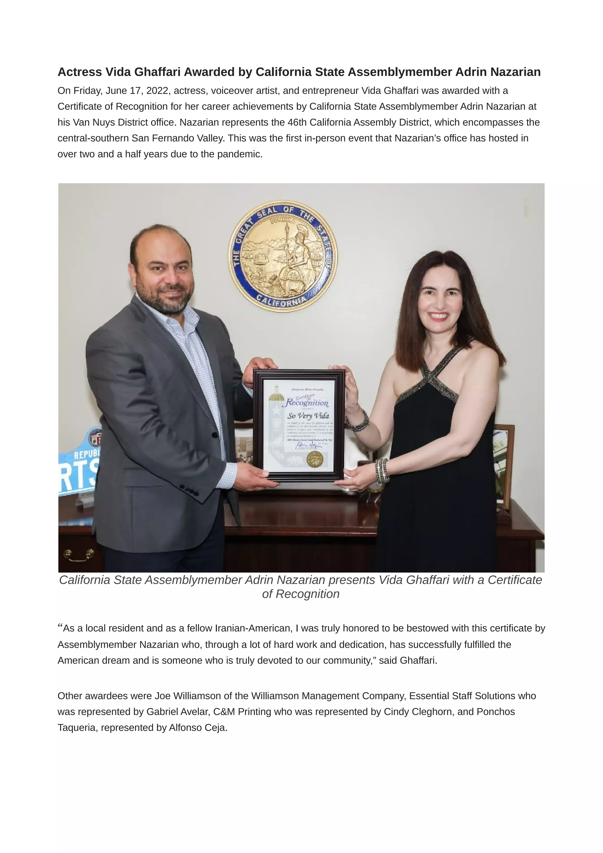 Actress Vida Ghaffari Awarded by California State Assemblymember Adrin ...