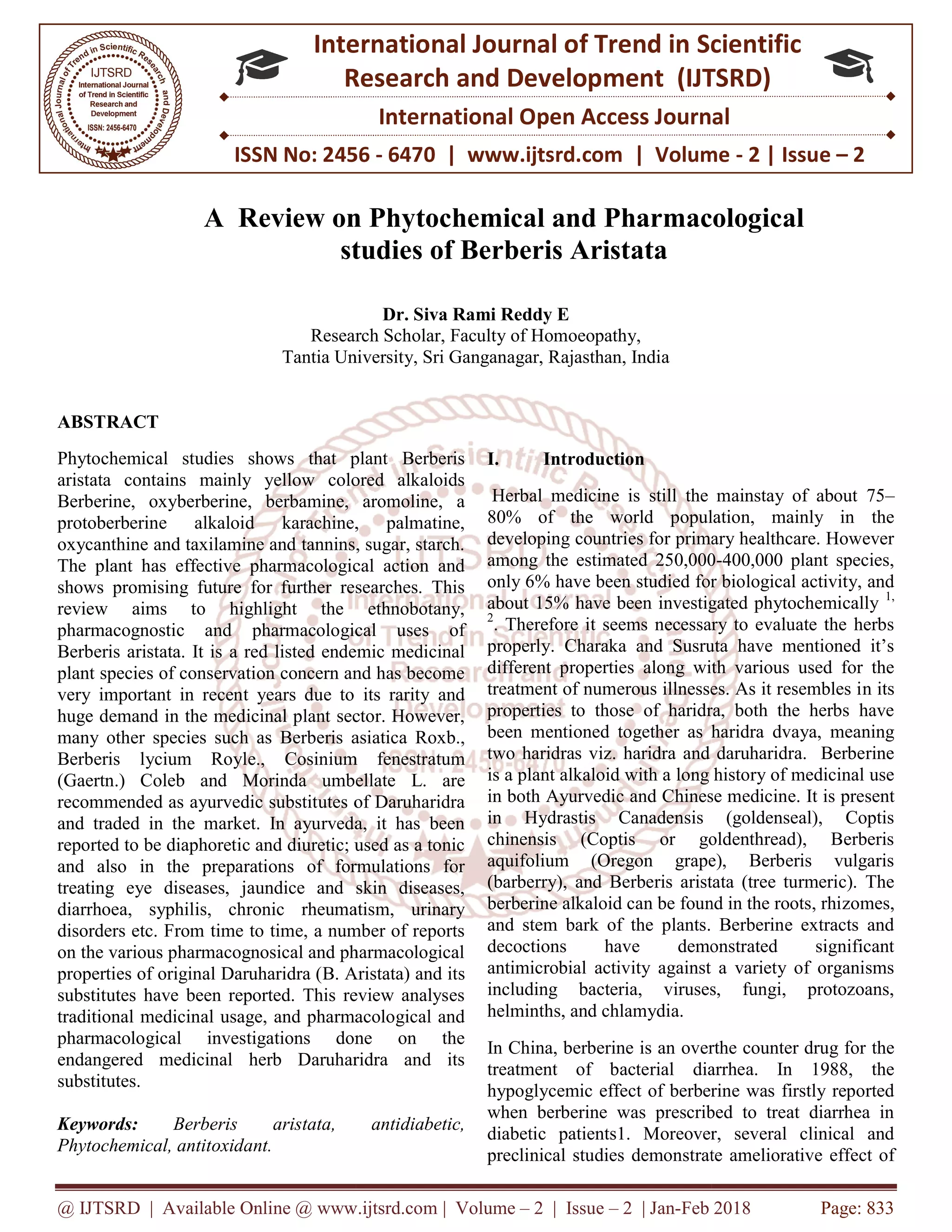 A Review on Phytochemical and Pharmacological studies of Berberis Aristata | PDF