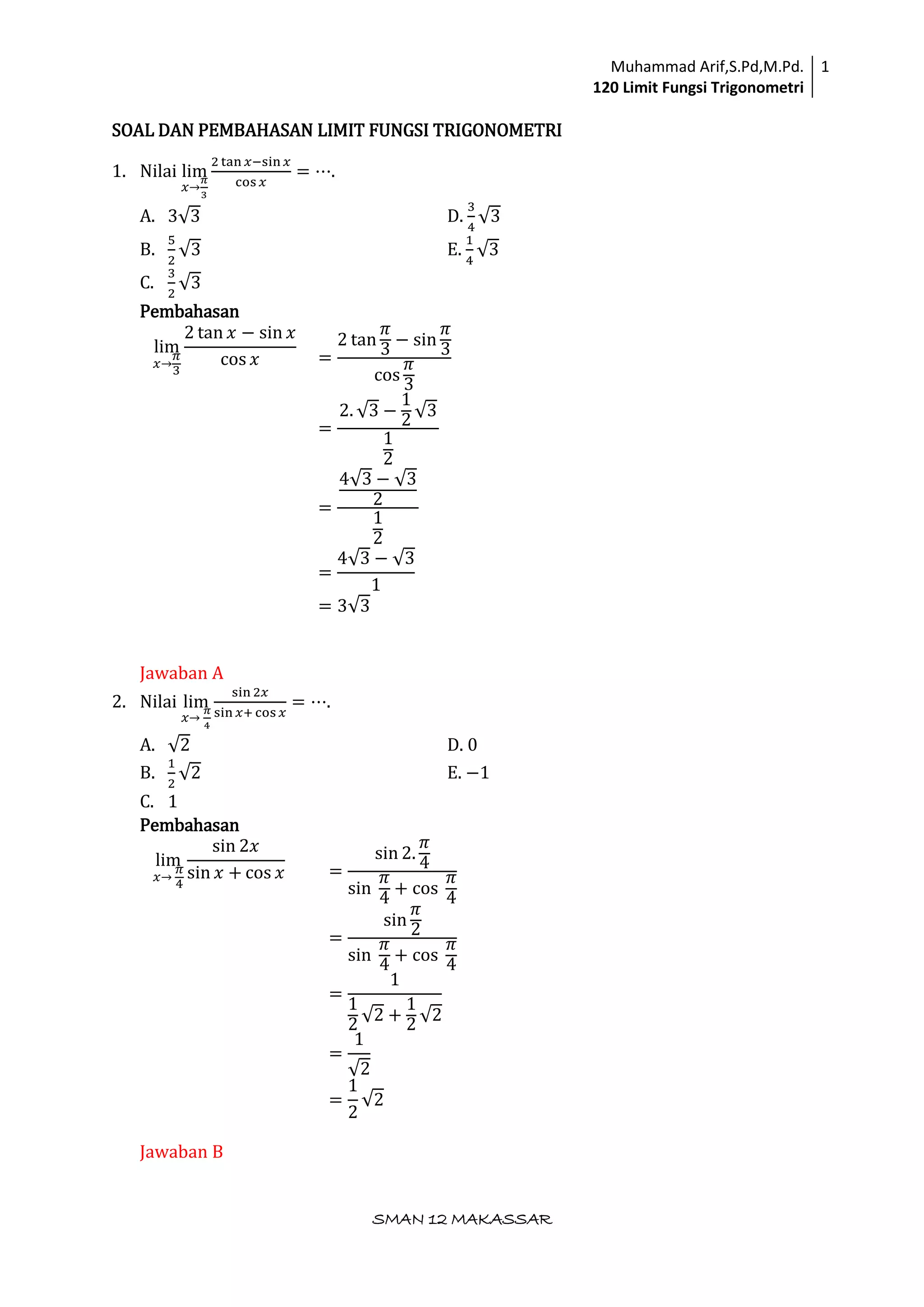 120 soal dan pembahasan limit fungsi trigonometri | PDF