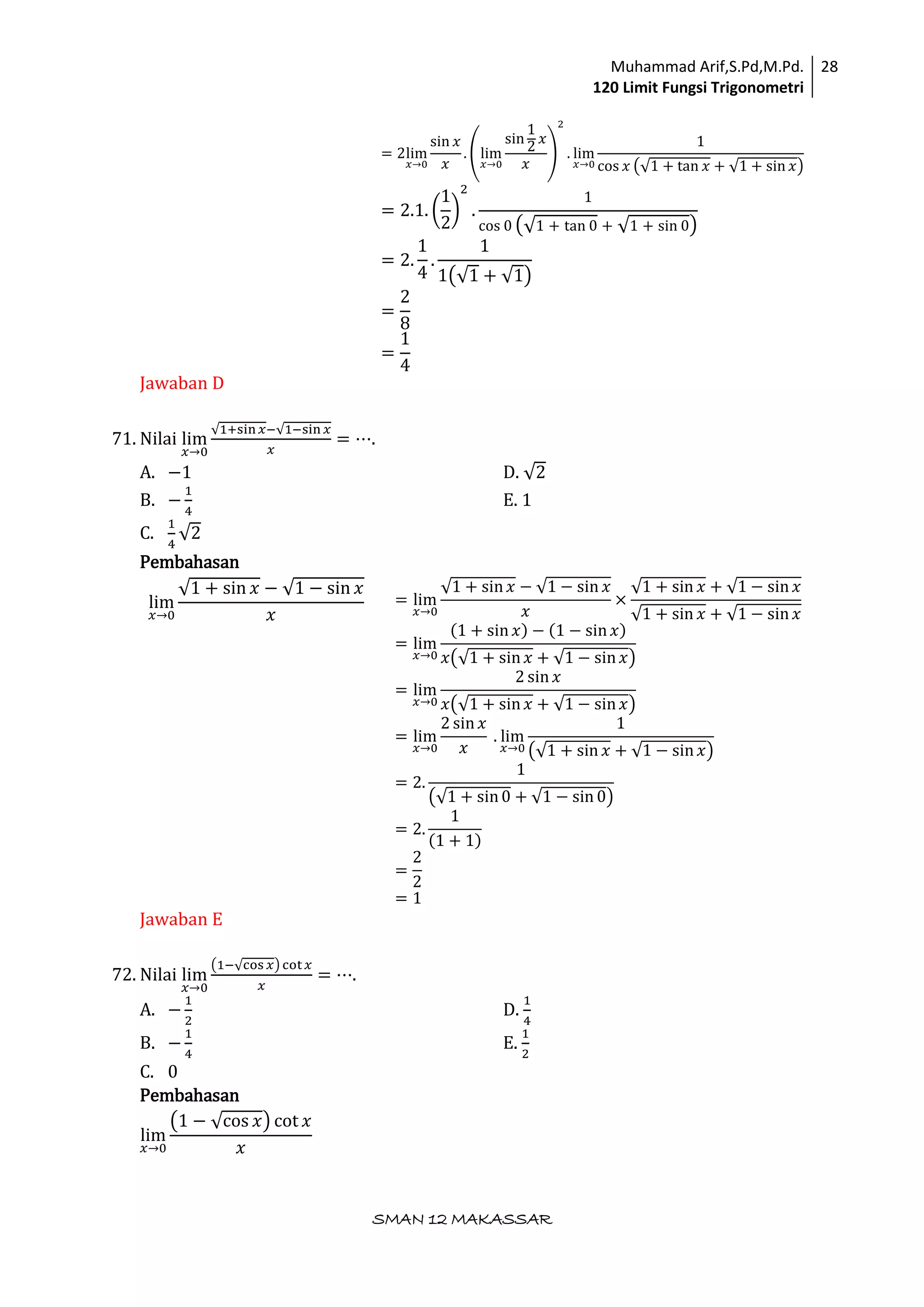 120 soal dan pembahasan limit fungsi trigonometri | PDF