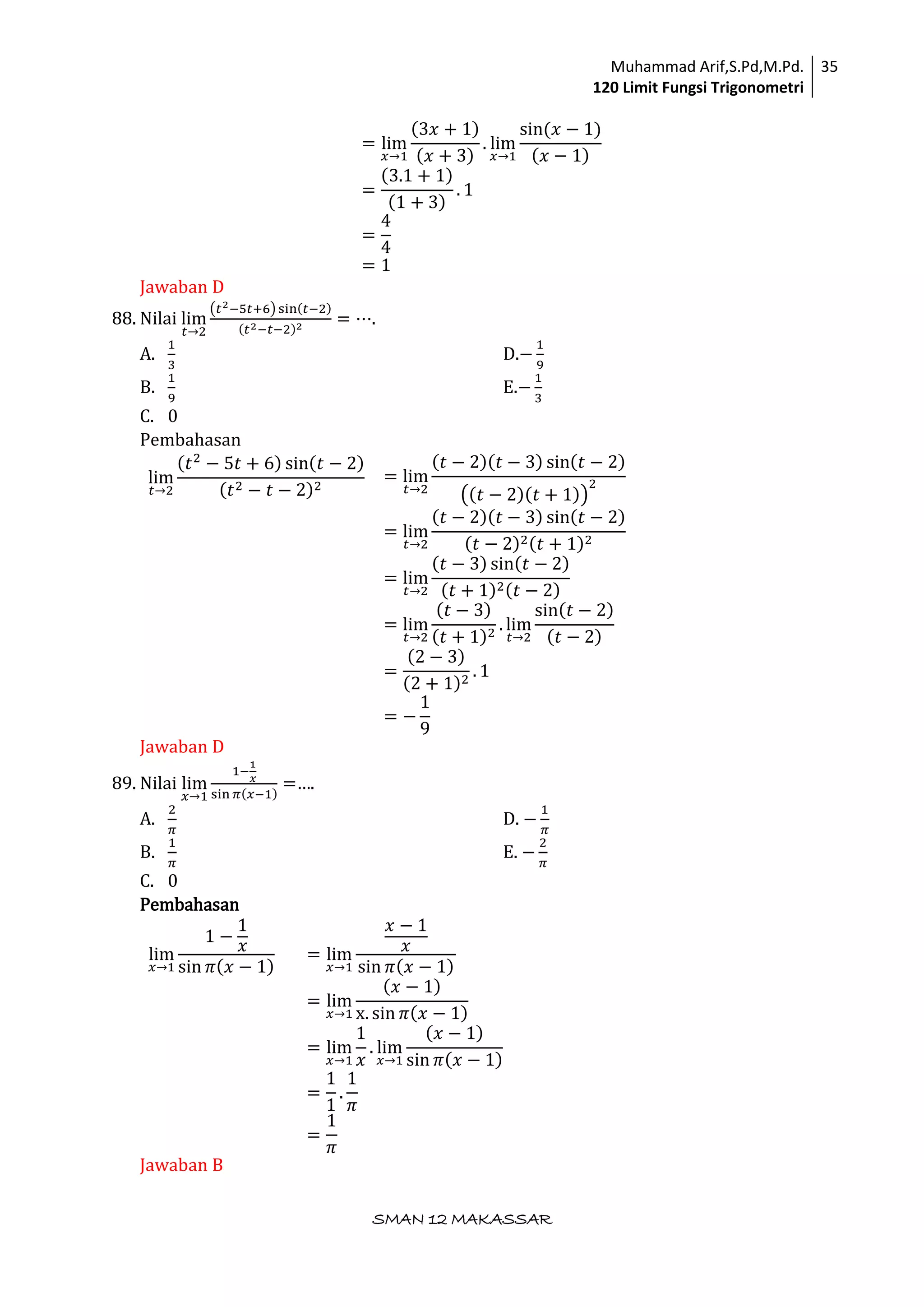 120 soal dan pembahasan limit fungsi trigonometri | PDF