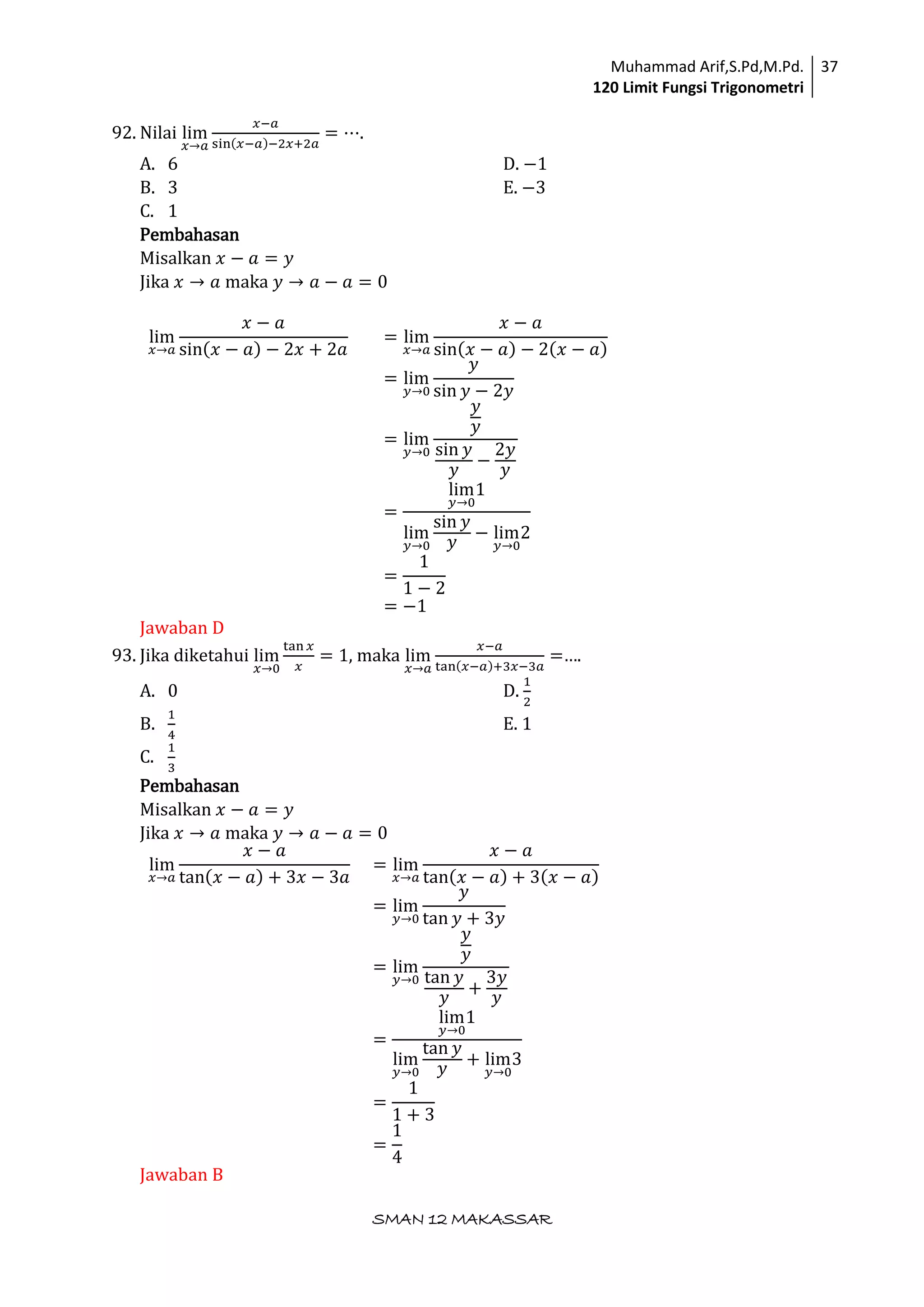 120 soal dan pembahasan limit fungsi trigonometri | PDF