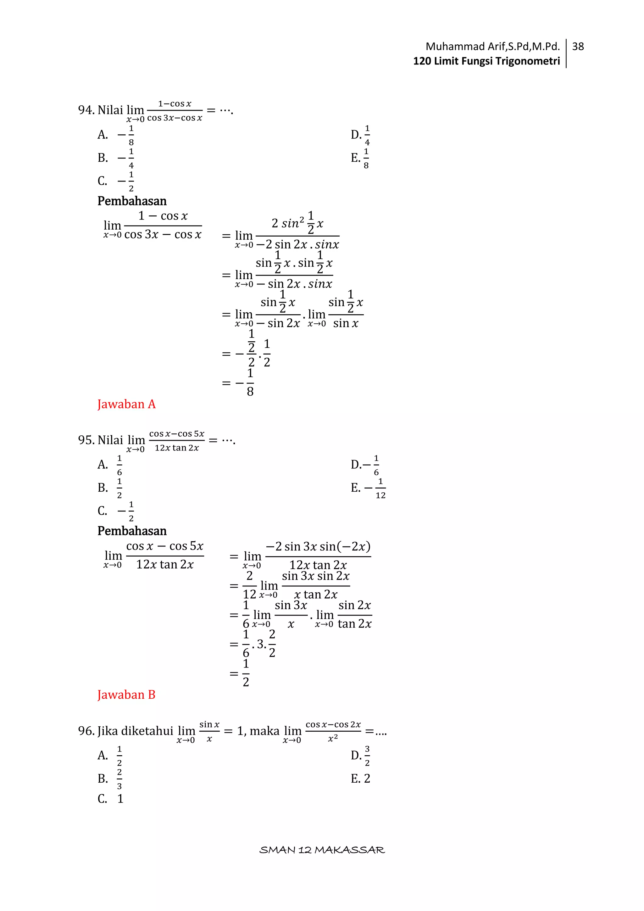120 soal dan pembahasan limit fungsi trigonometri | PDF